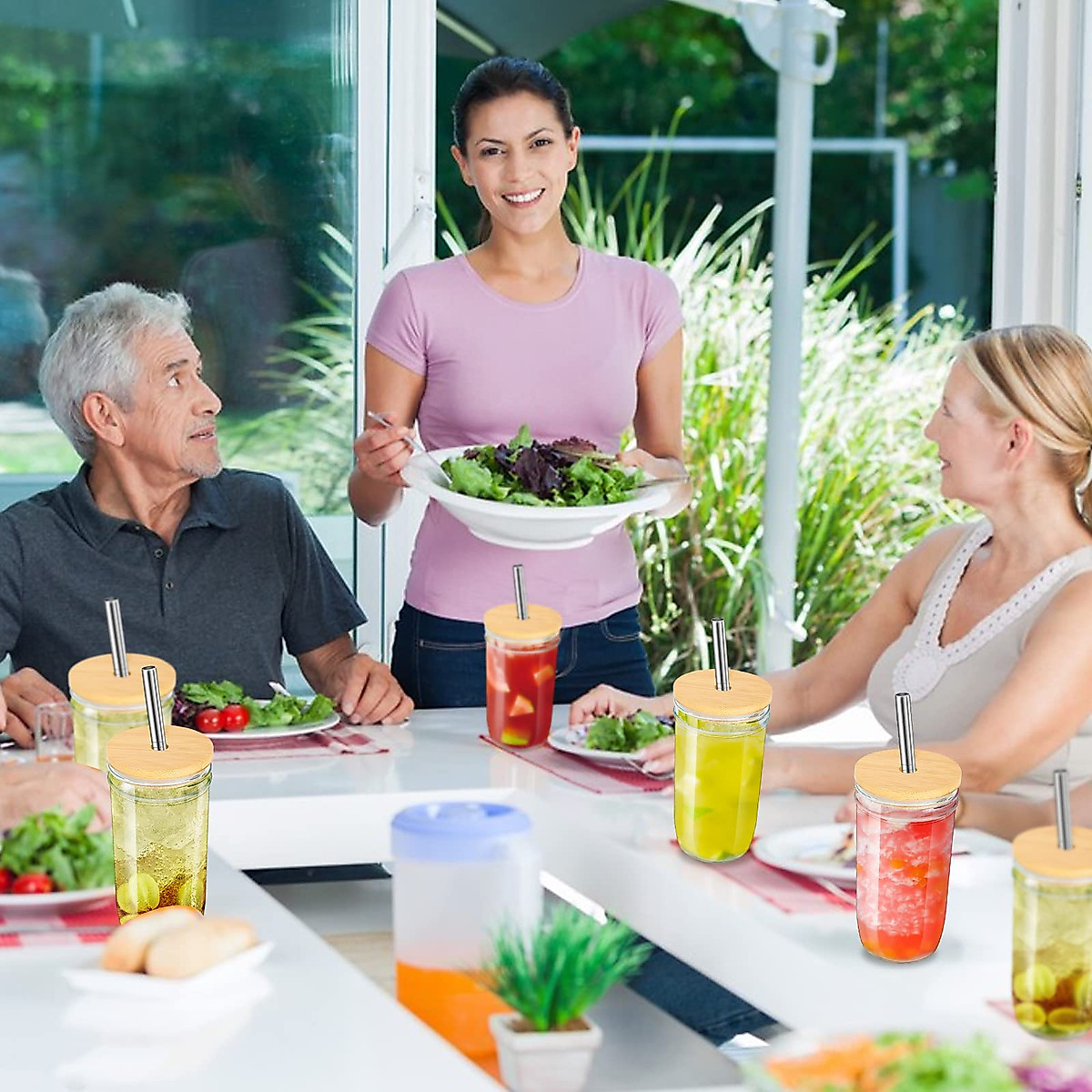 4 Pack Glass Cups with Lid and Straw, 24oz Boba Tea Cups, Wide Mouth Smoothie Cups, Reusable Drinking Glasses with Bamboo Lids for Beer, Boba Tea, Juice, Smoothie