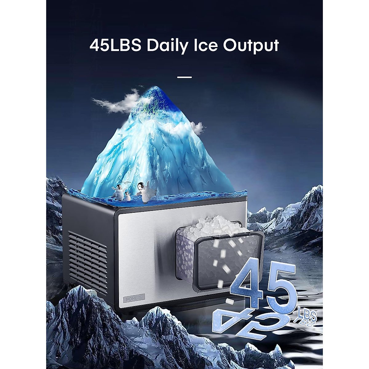 Nugget Ice Maker Countertop, 45lbs/24H, Pebble Ice Maker with Soft Chewable Ice, Self Cleaning Sonic Ice Machine, Stainless Steel, Touch Screen, Compact Design for Home Office Party - Silver