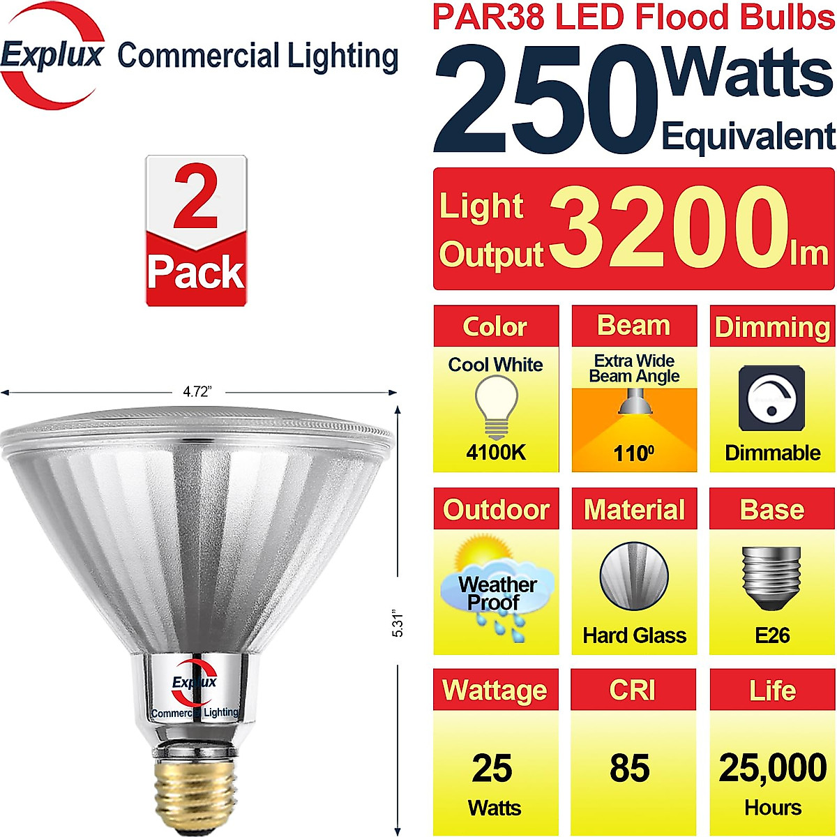 Explux 250 Watt Equivalent PAR38 LED Flood Light Bulbs, Super Bright 3200 Lumens, Dimmable, Full-Glass Outdoor Waterproof & Anti-Ageing, 4100K Cool White Spotlight, 2-Pack