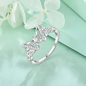 FJ Butterfly Ring 925 Sterling Silver Irish Celtic Knot Ring 18K White Gold Plated with Cubic Zirconia Irish Jewelry Gifts for Women Size 5