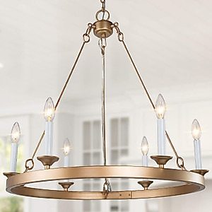 Uolfin Wagon Wheel Chandelier Gold, Modern Large 26.5” Dining Room Chandelier Light Fixture with 6 White Candlesticks for Kitchen, Living Room and Bedroom