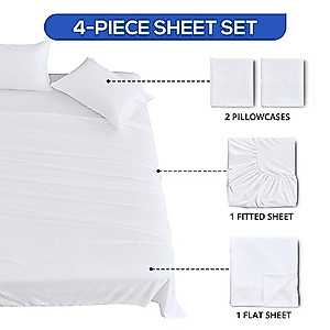 HUXMEYSON King Sheets Set, 4-Piece Bed Sheets & Pillowcases, Cooling Sheets with 16-inch Deep Pocket, White