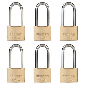 SEDORTI Weatherproof Padlock with Stainless Steel 304 Long Shackle and Solid Brass Body, 1-9/16 in. Wide, 6 Padlocks Keyed Alike, Marine Grade Rustproof Lock for Outdoors Use