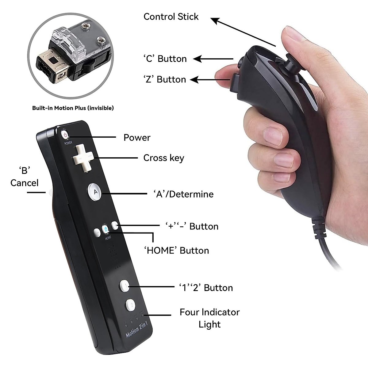 2 Pack Wii Remote with Wii Motion Plus Inside | Shock Wii Nunchuk Controller | Compatible Nintendo Wii, Wii U