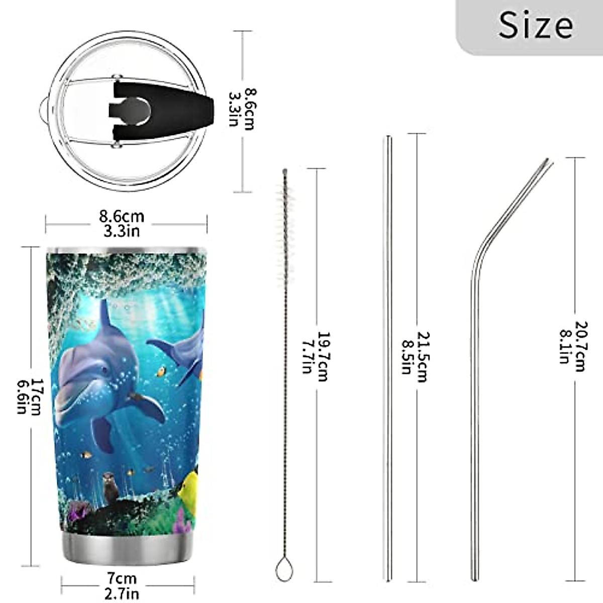 ALAZA 3D Dolphin Ocean Insulated Travel Tumbler Mug with Lid & Straw Double Wall Vacuum Water Bottle Car Cup Stainless Steel, Hot and Cold Thermos, 20oz