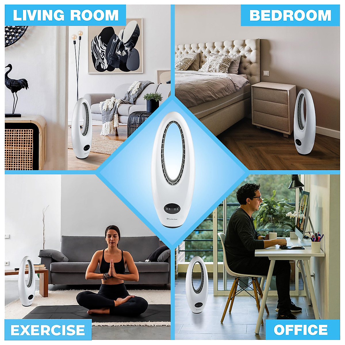 Comfort Zone Oscillating Bladeless Tower Fan with Remote Control, 28 inch, 3 Speed, 70 Degree Oscillation, Portable, 9-Hour Timer, LED Display, Ideal for Home, Bedroom, Dorm & Office, CZ12548