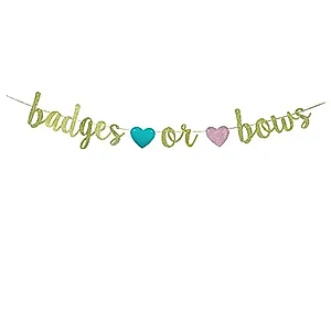 TENNYCHAOR Badges or Bows Gender Reveal Banner,Glitter for Police Officer Gender/Boy or Girl/Baby Shower Blue or Pink Gender Reveal Party Decorations.