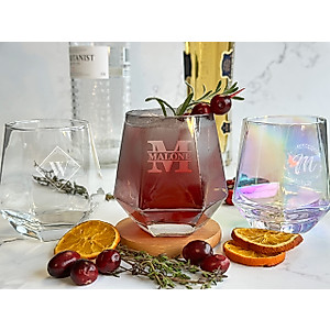 Customizable Monogram 11.5 Oz Etched Stemless Diamond Shaped Stemless Wine Glass Engraved Personalized with Initial and Name, Geometric Rocks Whiskey Glass (2 Pack)