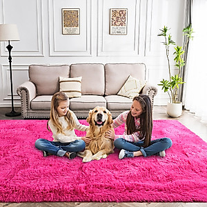 Awaytail Fluffy Rug Washable 4x6 Feet, Hot Pink Fuzzy Rugs for Bedroom Girls, Flame Retardant Plush Shaggy Rug Home Decor