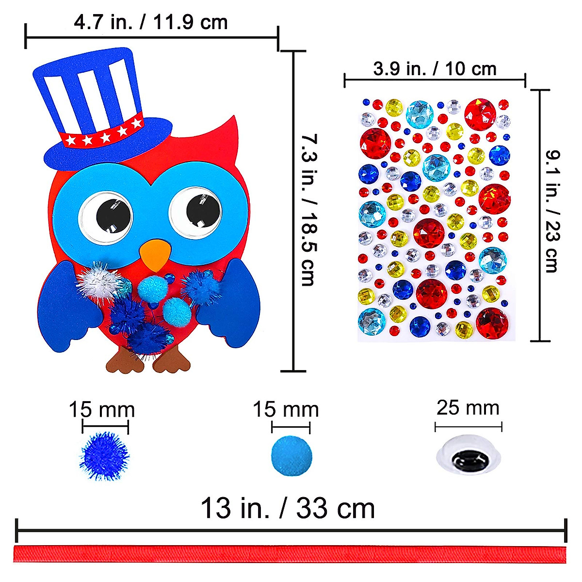 Winlyn 24 Sets 4th of July Patriotic Owl Ornaments Decorations DIY Patriotic Craft Kits Owl Red White Blue USA Flag Pinwheel Stickers Googly Eyes for Kids Favors Classroom Home Activity Art Project