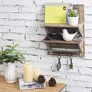 MyGift 2-Tier Torched Whitewashed Wood Wall Mounted Shelf Rack with Key Hooks, Entryway Storage Display Shelves, Bathroom Shelving and Towel Hooks, 7 x 13-Inches