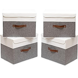 OUTBROS Foldable Storage Boxes with Lids,Large Linen Fabric Foldable Storage Boxes Organizer,Closet Organizers for Clothes Storage, Office Storage 15 x 9.8 x 9.8 inch,White/Grey,4-Pack