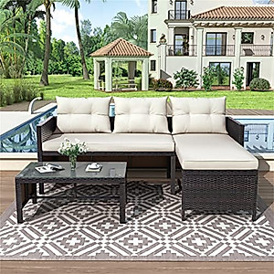 QUUL Outdoor Patio 3 Pcs Rattan Wicker Sofa Set， with Lounger Seat, Beige Cushions