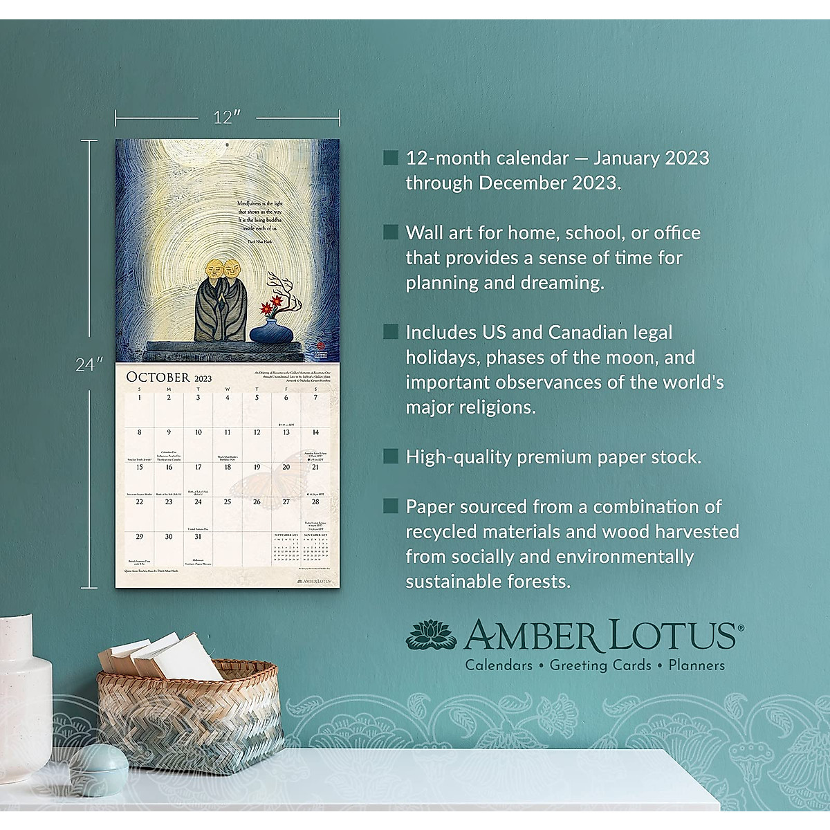 Thich Nhat Hanh 2023 Wall Calendar | Meditational Art by Nicholas Kirsten-Honshin | 12" x 24" Open | Amber Lotus Publishing