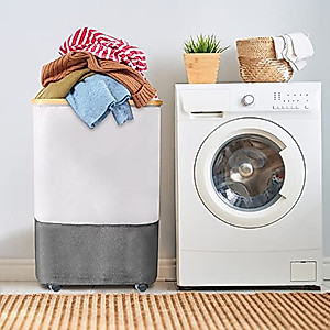 Large Laundry Hamper with Wheels, Collapsible 105L Laundry Basket with Lid for Apartment, Easy Transport Laundry Organizer with Bamboo Handle (Gray)