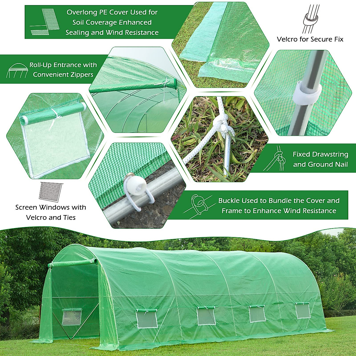 EROMMY 20' x 10' x 7' Greenhouse Large Gardening Plant Hot House Portable Walking in Tunnel Tent, Green House for Outside Winter Heavy-Duty with Reinforced Frame & 8 Screen Windows, Green