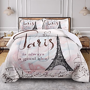 Nesphy Pink Paris Comforter Set for Boy Girl Children Teens Twin, Modern French Style Romantic Theme Bedding Sets Water Washed Microfiber Bedding with 1 Comforter 1 Pillowcase All Season