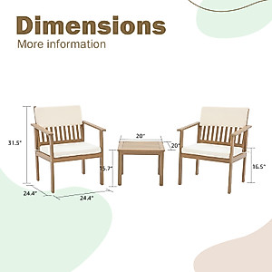 SUNSITT Patio Set 3 Piece Acacia Wood Outdoor Patio Furniture Set FSC Certified Bistro Table and Chairs with Cream White Cushions for Balcony, Porch, Backyard
