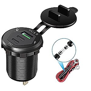 USB C Car Charger Socket, 12V USB Outlet with 18W Dual PD Ports & 18W QC 3.0 Quick Charge Fast USB Type C Car Adapter for Car, Boat, Marine and More