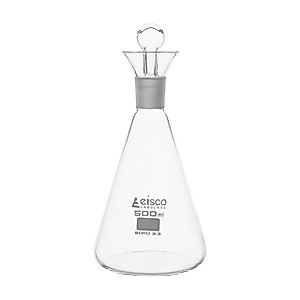 EISCO Iodine Flask & Stopper, 500ml - 24/29 Socket Size, Interchangeable Stopper - Conical Shape - Borosilicate Glass