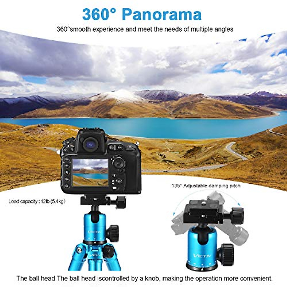 Tabletop Tripod, 20 inch Portable Desktop Mini Tripod for Camera with 360 Degree Ball Head, Aluminum Small Travel Tripod, Compatible with DSLR Camera/Video Camcorder/Cell Phone/Spotting Scope (Blue)