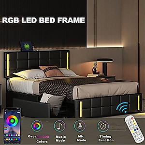 Queen Bed Frame with 4 Storage Drawers,Queen Size Platform Bed with USB Charging and LED Light, Artificial Leather Upholstered Bed with Adjustable Headboard, No Box Spring Needed,Black (Black)