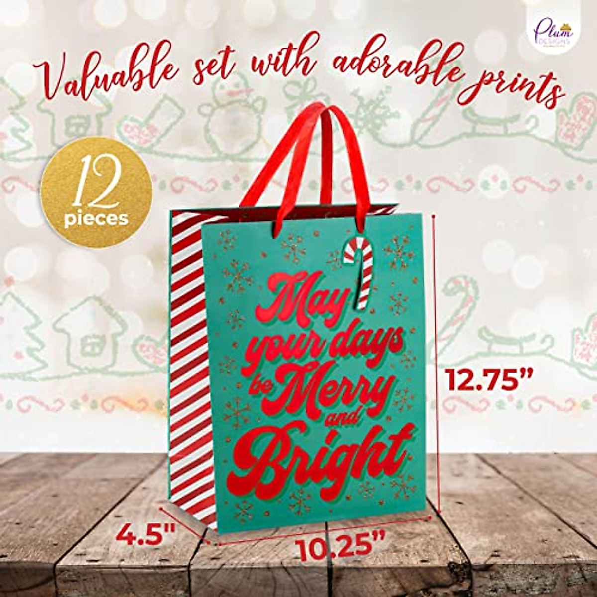 Bulk Christmas Gift Bags Large -12 Cute and Fun Designs- Large Christmas Bags for Gifts with Christmas Tissue Paper Gift Wrap Set-Holiday Gift Bags -Large Xmas Gift Bags-12.75"X10.25"X4.5" inches