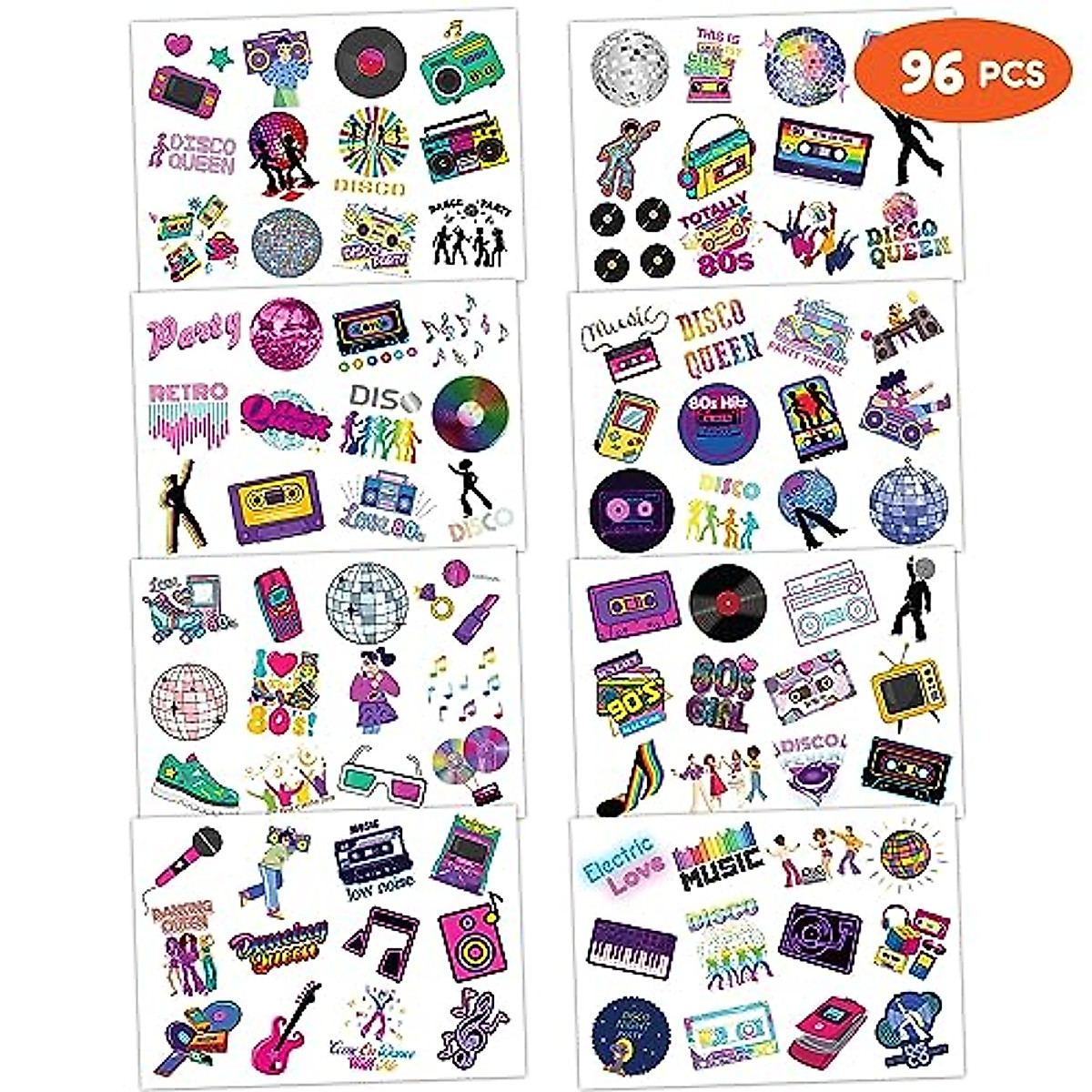 8 Sheets (96PCS) Disco Temporary Tattoos Birthday Party Decorations Supplies Tattoos Stickers Cute Party Favors Kids Girls Boys Gifts Classroom School Prizes Themed