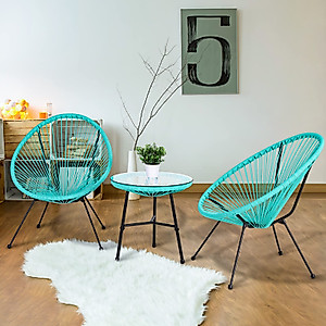 Arlopu 3-Piece Outdoor Acapulco Chairs Patio Conversation Bistro Set, with Plastic Rope, Glass Tabletop, All-Weather Rattan Woven Rope Mid-Century Modern Style Furniture Chat Set (Green)