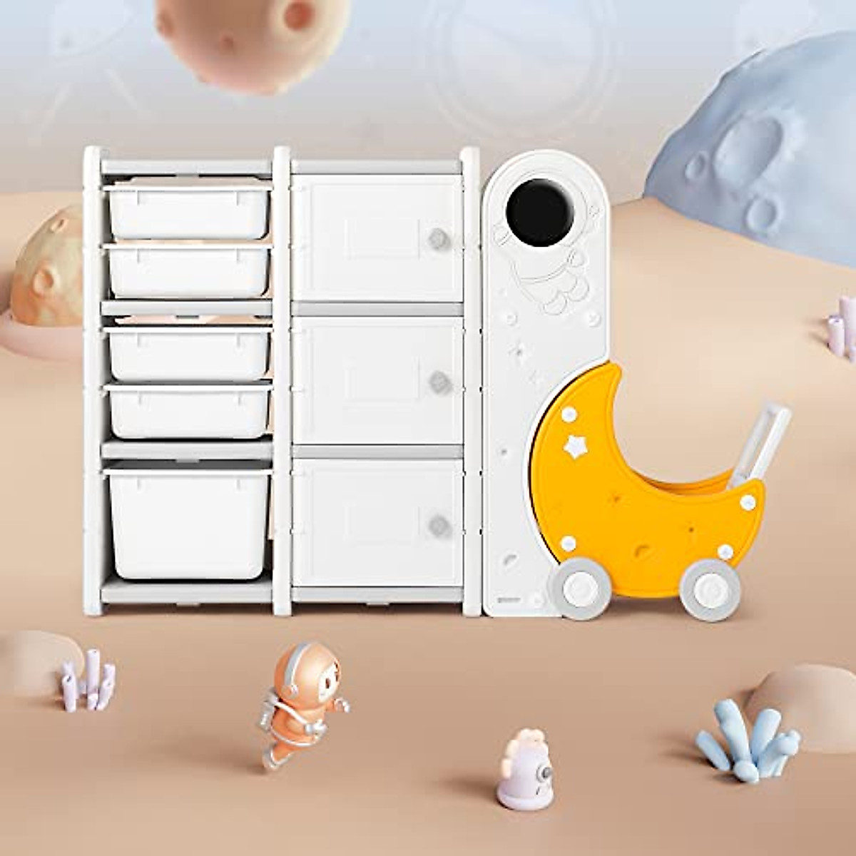 duke baby Kids 3 Layer Toy Storage Organizer with 5 Storage Bins, 3 Toy Cabinets with Doors, Display Bookshelves and Toy Cart for Kids Playroom Bedrooms Age 1-12, Space Collection Medium