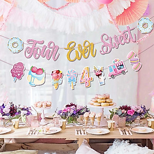 JUYRLE Four Sweet Birthday Decorations- 4 Ever Sweet Party Banner with Donut, Ice Cream, Macaron Pink Theme fourth Birthday Party Decor for baby Girls 4th Birthday Supplies