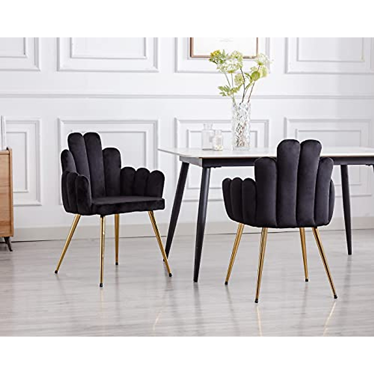 CIMOTA Black Dining Chairs Set of 2 Velvet Upholstered Comfy Living Room Chairs Modern Finger Shape Back Vanity Chair with Arms for Makeup Room/Bedroom, 2PCS