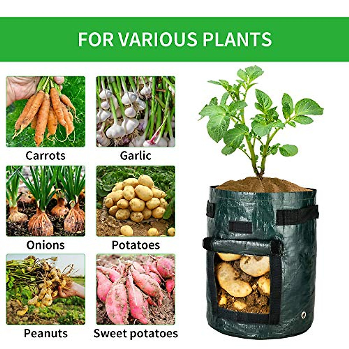 iPower 3-Pack 10-Gallon Potato Grow Bags Garden Waterproof Reusable Vegetable Plant Pots Container with Handle, Access Flap and Large Harvest Window, 10 Gallon, for Tomato, Carrot, Fruits