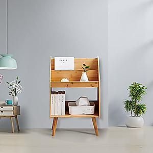 AbocoFur Bamboo Floor Book and Magazine Display Shelf, 20.67"(L) x10.63(W) x30.71(H), Multifunction Free Standing Organizer Storage Rack, Small Bookcase for Home, Office, Burlywood
