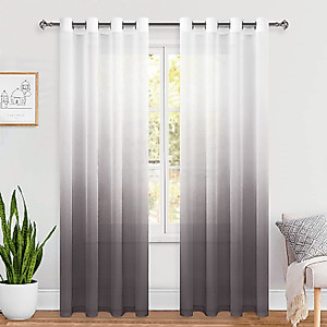 Hiasan Ombre Sheer Curtains 84 Inches Long - Faux Linen Decorative Voile Grommet Window Curtains for Bedroom and Living Room, Light Brown, 2 Drape Panels