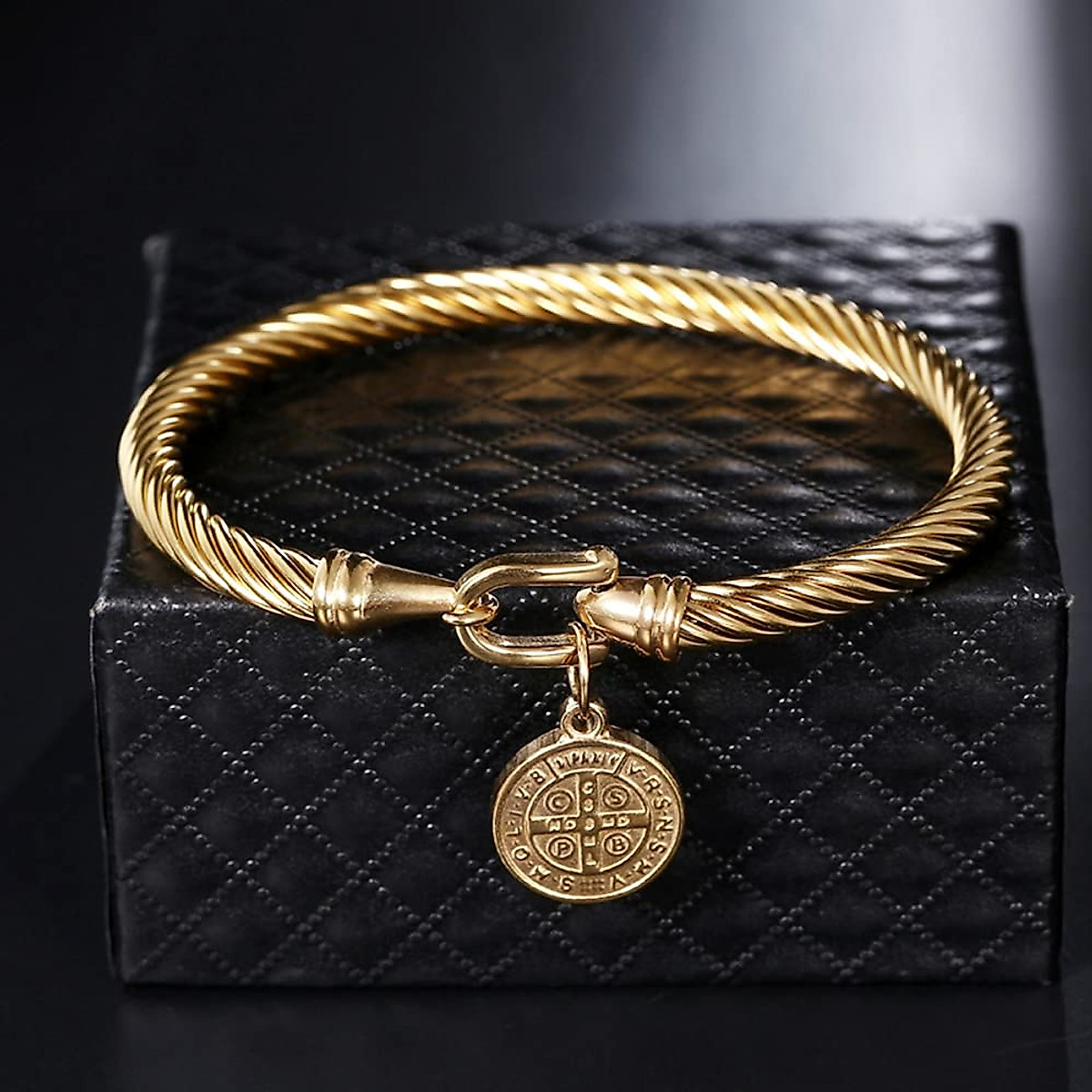 MORE FUN Catholic Saint Benedict Bracelets, Blessings Medal Stainless Steel Charm Pendant Twisted Cable Bangle Bracelet, Gold Plated