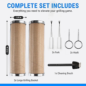 EmGi Grilling Basket 2 PCS, w/ BONUS Grill Brush, BBQ Grill Basket, Rolling Grilling Basket, Stainless Steel Grill Mesh Barbeque Grill Accessories, Portable Grill Baskets for Outdoor Grill for Fish,