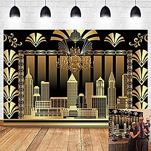 7x5ft The Great Gatsby Photography Backdrop Roaring 20's 20s Themed Backdrop Vintage Dance Black Gold Art Event Decoration Birthday Wedding Party Decoration Photo Background Booth Banner Supplies