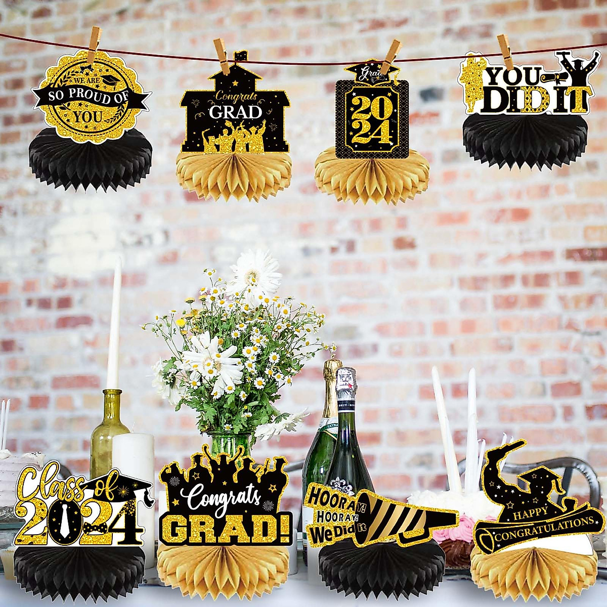 2024 Graduation Party Decorations - Black Gold Class of 2024 Graduation Party Decor Honeycomb Centerpieces for Tables Congratulate for 2024 Congrats Grad Party Supplies 8 Pcs