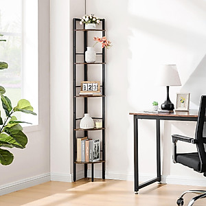 Tajsoon Narrow Corner Shelf Stand 5 Tier 66.5" Industrial Corner Ladder Shelves with Metal Frame, Multipurpose Tall Corner Bookshelf Bedroom, Living Room, Office, Kitchen, Rustic Brown