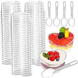 Foraineam 100 Pack 3.5 oz Clear Plastic Dessert Cups with Spoons, Valentine's Day Mini Appetizer Serving Plates Disposable Bowls for Desserts, Appetizers, Puddings, Mousse, Fruit Parfait and More
