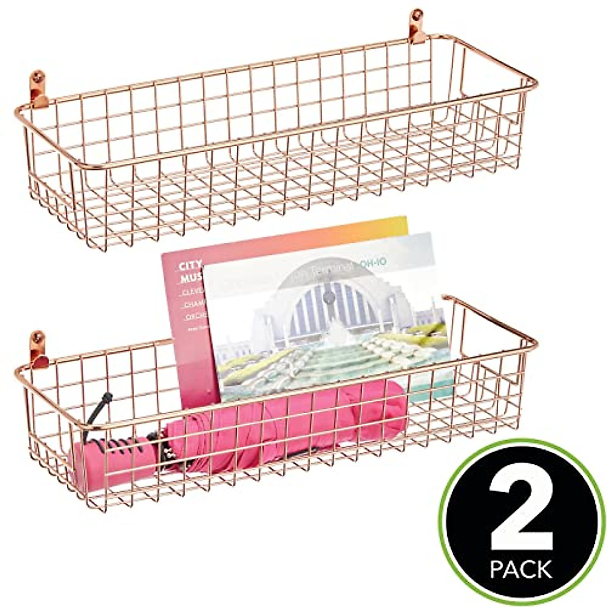 mDesign Wallmount Metal Storage Basket Tray with Handles - Decorative Organizer for Hanging in Entryway, Mudroom, Bedroom, Bathroom, Laundry Room - Small - Hooks Included - 2 Pack - Rose Gold