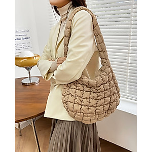 Rejolly Puffer Quilted Shoulder Bag for Women Puffy Bubble Tote Bag Lightweight Nylon Handbag Padded Soft Purse Khaki