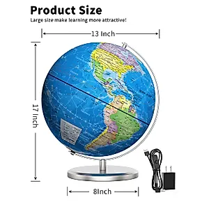 Waldauge Illuminated World Globe with Stand, 13" Earth Globes with Stable Heavy Metal Base for Kids Classroom Learning, LED Constellation Globe Night Light with HD Printed Map