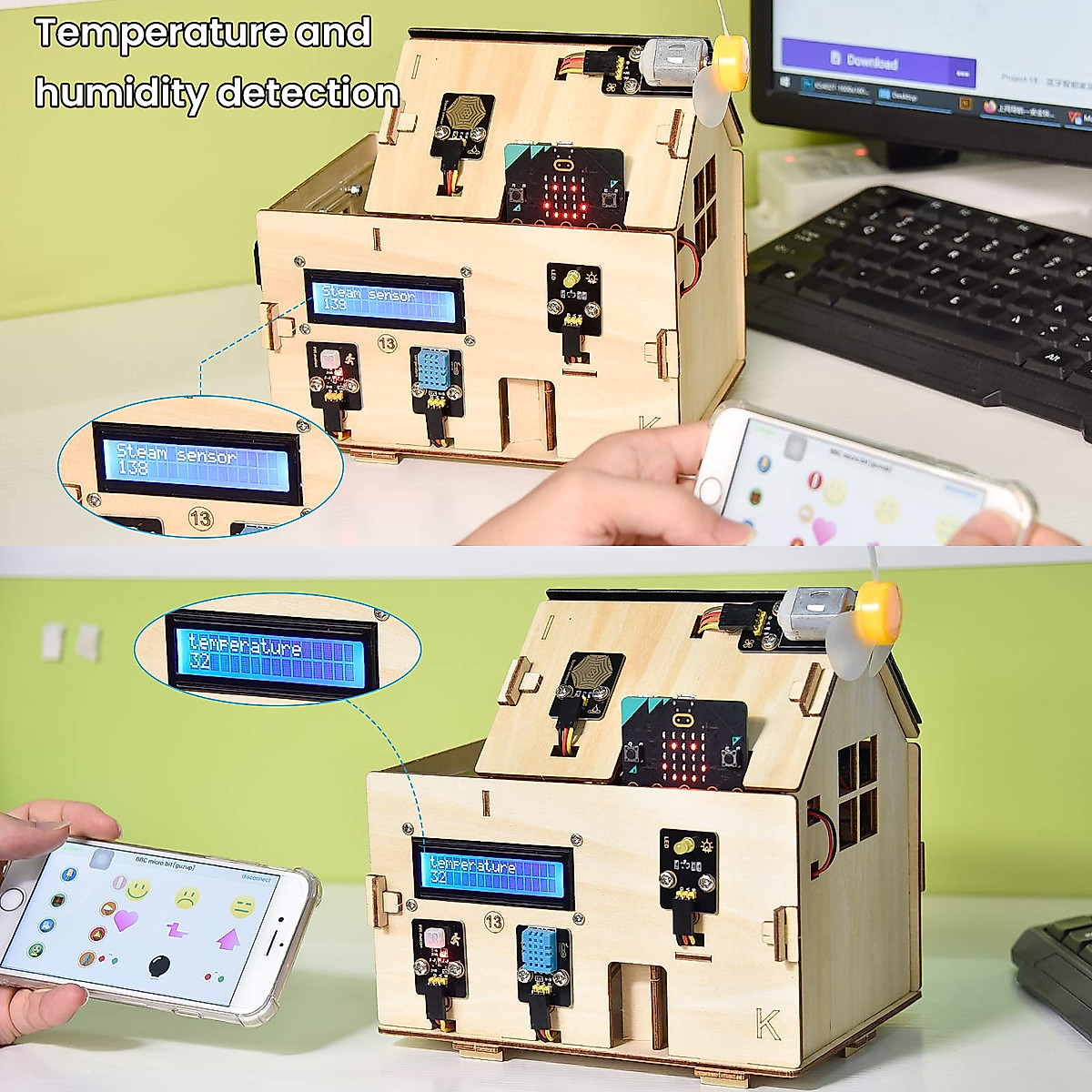 KEYESTUDIO Microbit Smart Home Starter Kit with Micro:bit V2, MakeCode Blocks & Python Code|Wireless Remote Control APP| Solar & Micro USB Charging|RGB,i2c LCD for Kids Coding