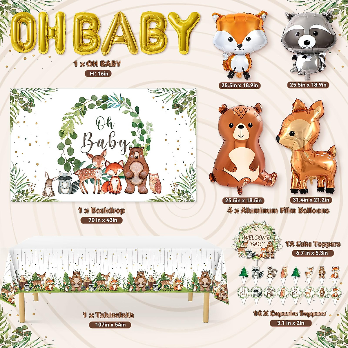 Woodland Baby Shower Decorations Woodland Animals Decoration Forest Animal Neutral Gender Reveal Party Supplies Balloons Backdrop Cake Topper Tablecloth, 84 Pcs Woodland Themed Birthday Party Decor