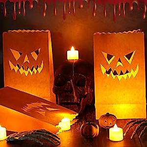 Halloween Luminary Bags Outdoor Paper Pumpkin Lantern Bags Flame Resistant Jack-o'-Lantern Bags Halloween Silhouette Luminary Candle Bags for Halloween, Party, Home Decorations (48 Pieces)