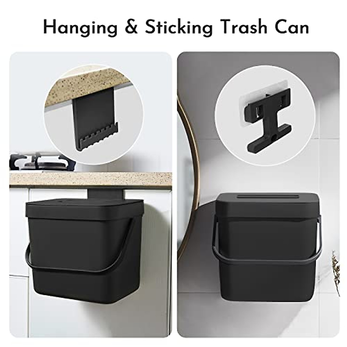 FODISU Small Garbage Can with Lid 1.8 Gallon Wall-Mounted Trash Can, 7 Liter Hanging Trash Can for Kitchen Cabinet Door, Under Sink Garbage Can, Countertop Compost Bin for Bathroom, Kitchen