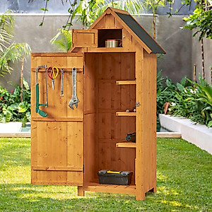 FairOnly Outdoor Shed Storage Cabinet, Garden Wooden Sheds, Outside Storage Cabinet Weather Proof with Floor, Fir Wood Tool Organizer with Door and Shelves for Backyard, Hallway (Natural)