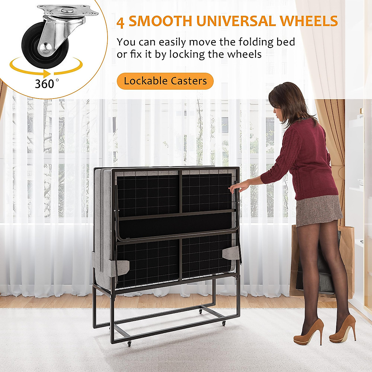 SKKTKT Folding Bed with Mattress, 75" x 39" Twin Size Bed Frame, Portable Foldable Roll Away Adult Bed for Guest, Platform Bed with Fold-up Metal Frame for Bedroom, Living Room, Dorm